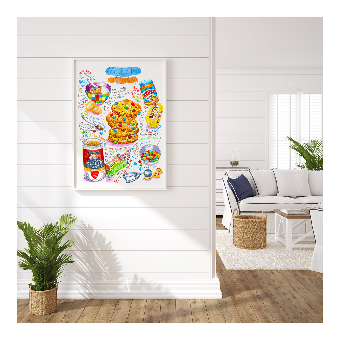 Monster Cookie watercolor recipe poster, Colorful kitchen wall art ...