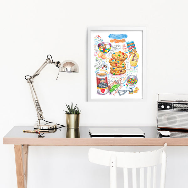 Monster Cookie watercolor recipe poster, Colorful kitchen wall art ...