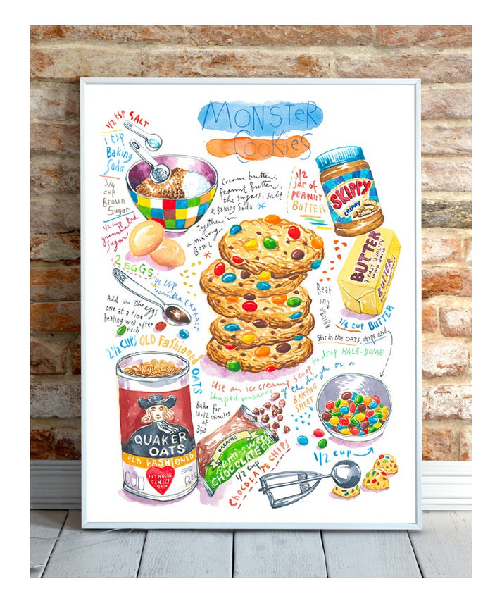 Monster Cookie watercolor recipe poster, Colorful kitchen wall art ...